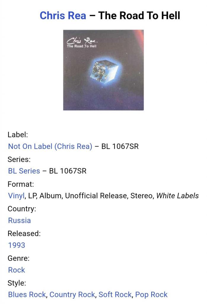 Chris Rea - The Road To Hell - 1989. (LP). 12. Vinyl. Пластинка ...