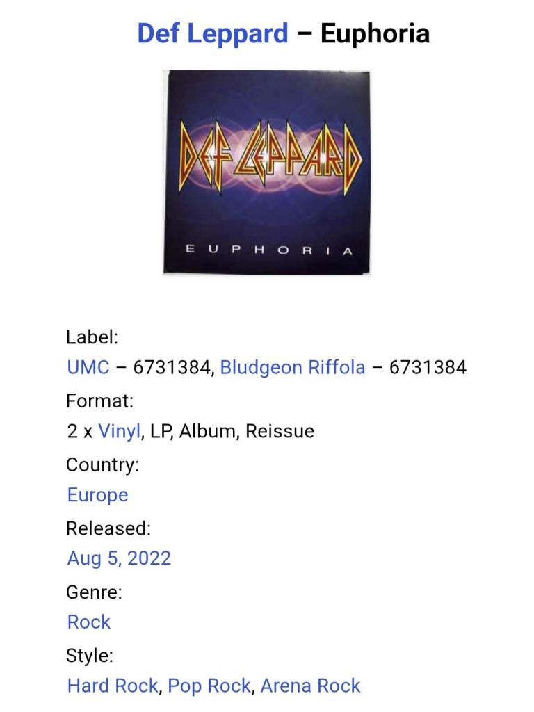Def Leppard - Euphoria - 1999. (2LP). 12. Vinyl. Пластинки. Europe. S/S ...