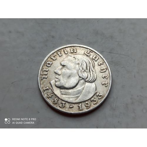 ГЕРМАНИЯ.2 Марки 1933 J Мартин Лютер Третий Рейх. Серебро. Отличный ...